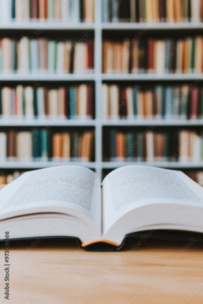 Open book on a wooden table in front of a blurred bookshelf, showcasing ...