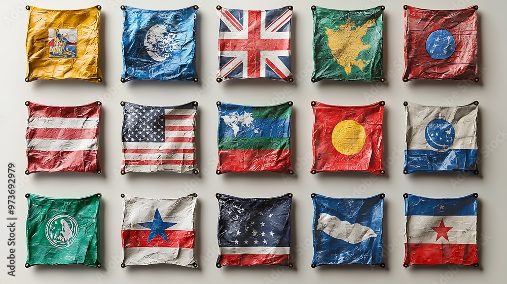 Crumpled world flags form an artistic wall piece, showcasing global ...