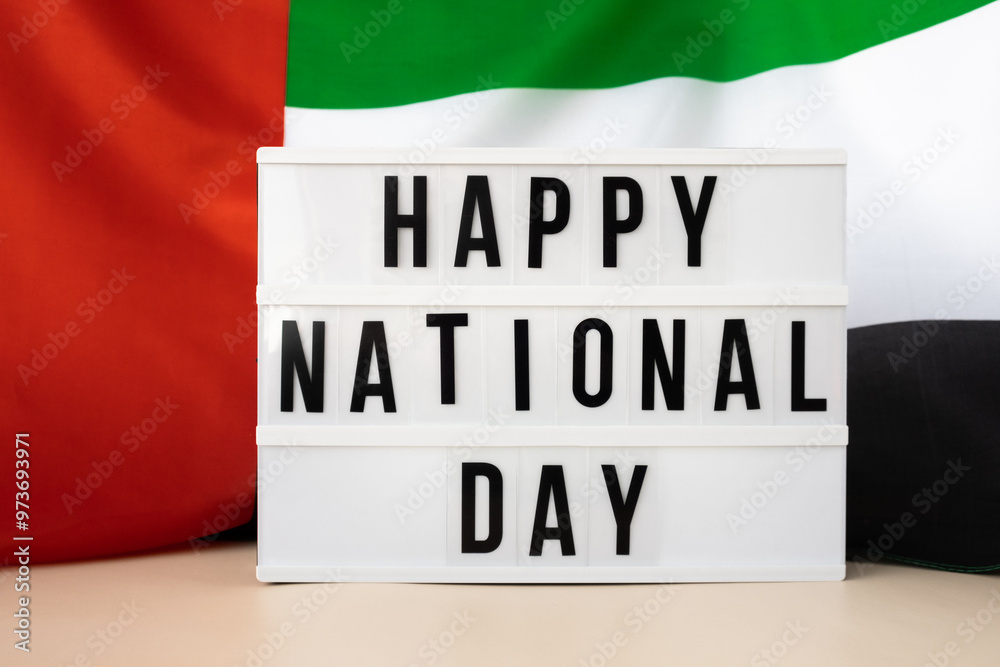 Message HAPPY NATIONAL DAY text frame on United Arab Emirates waving ...