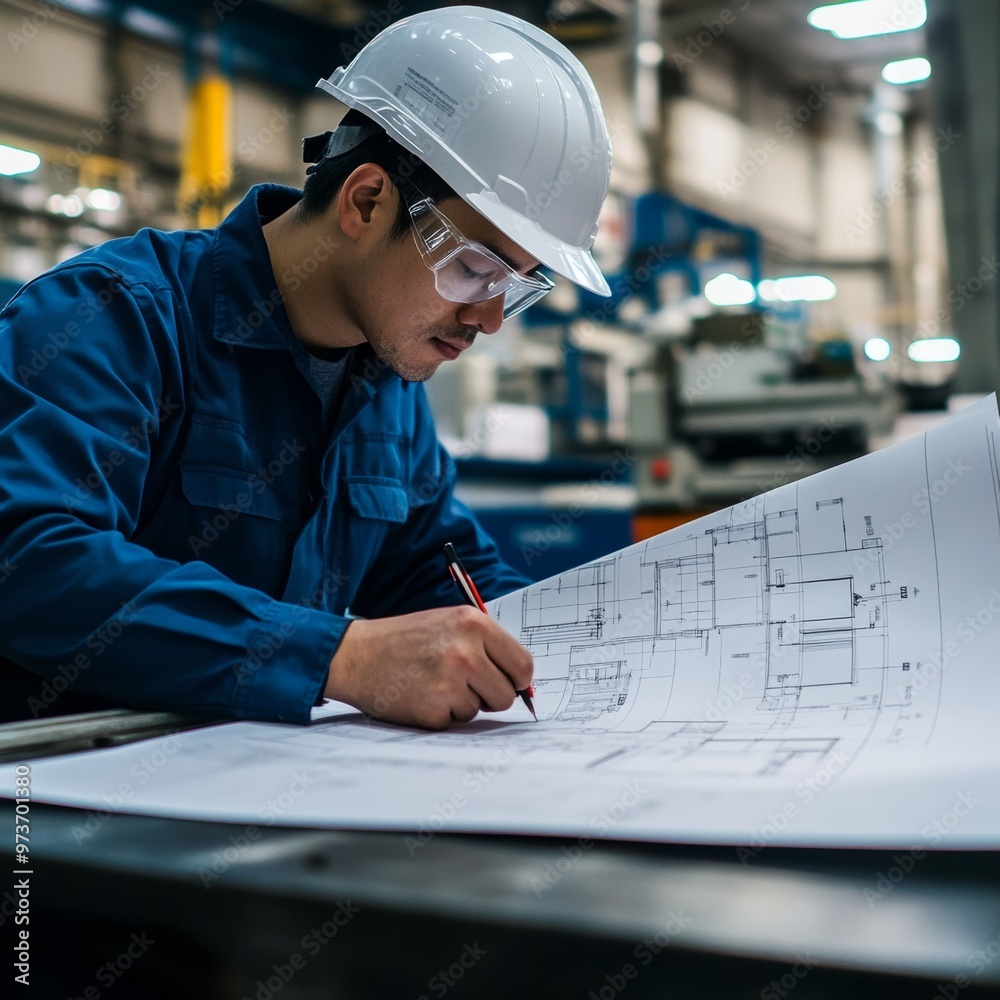 Engineer reviewing product blueprints while comparing with the final ...