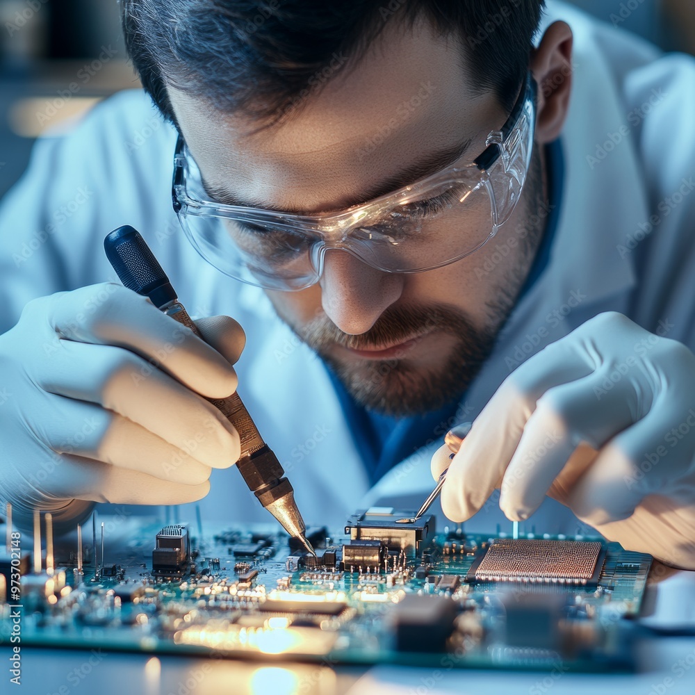 Engineer testing electronic circuit boards with precision tools ... Engineer testing electronic circuit boards with precision tools ...