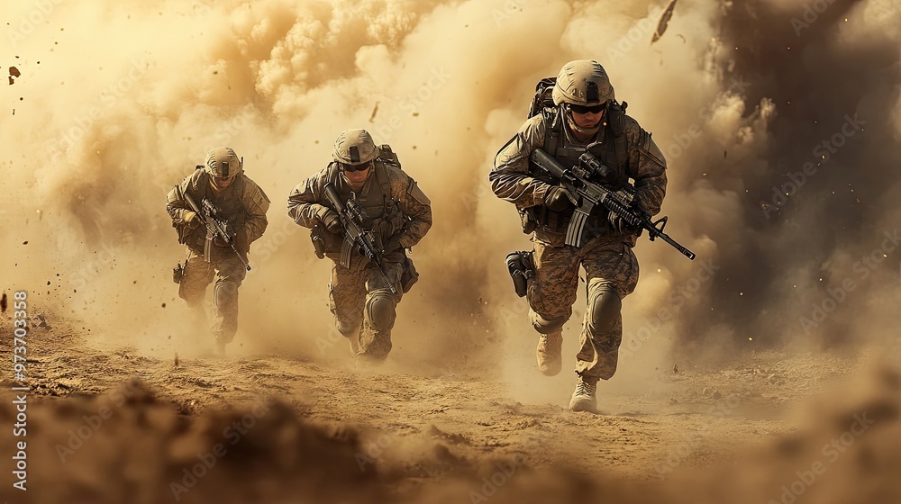 Modern soldiers in full combat gear advancing through a dusty ...