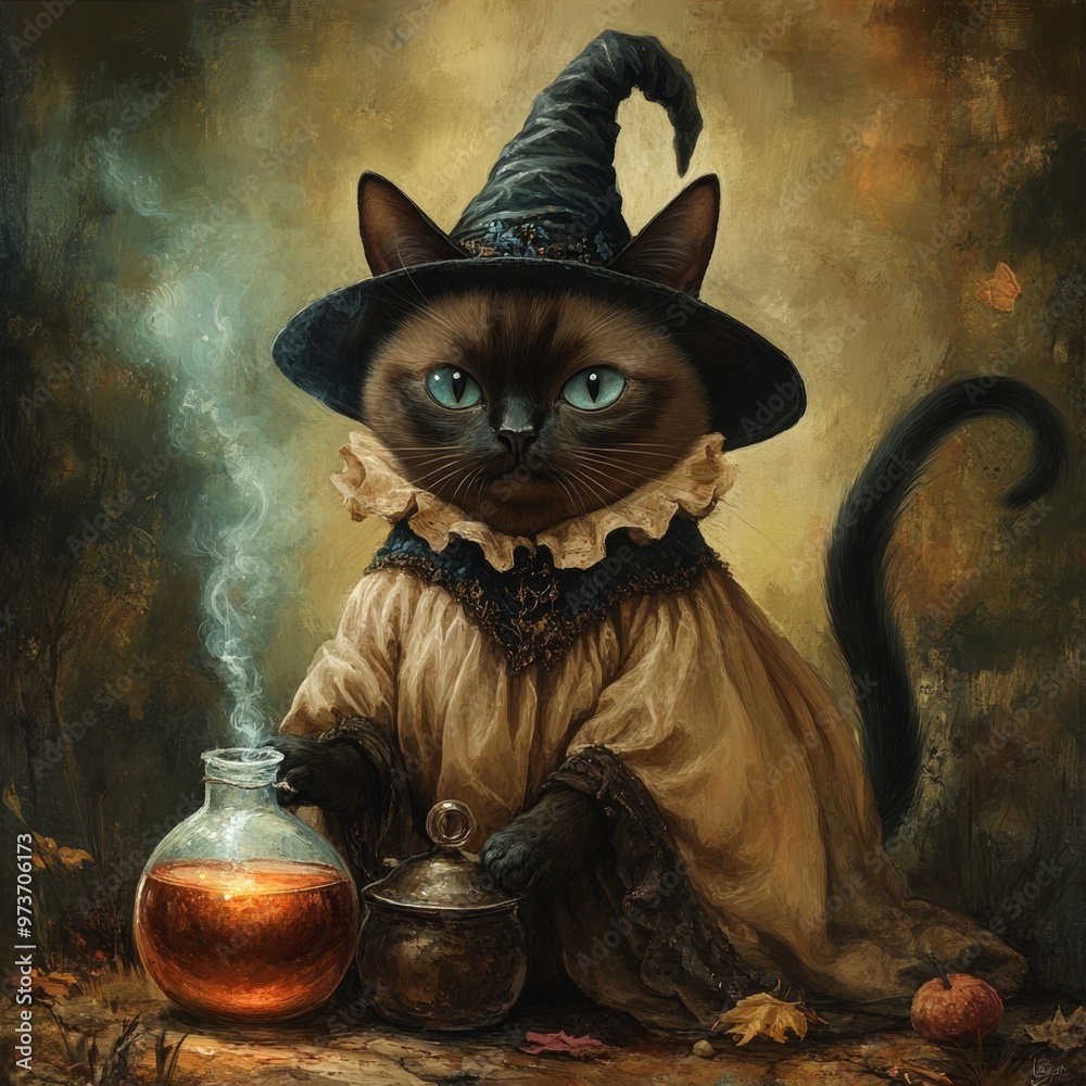 Siamese cat dressed as a witch with a bubbling potion beside her, [witch cat], [spooky feline ...