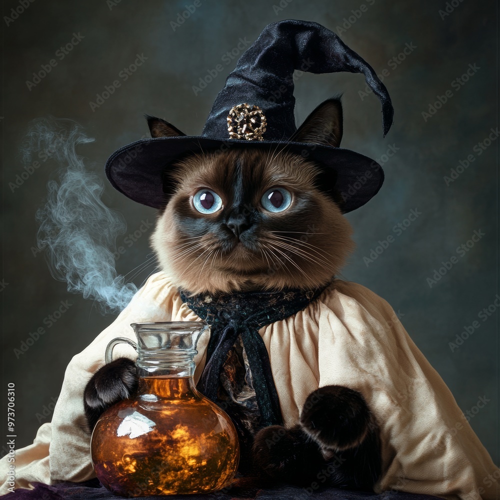 Siamese cat dressed as a witch with a bubbling potion beside her ...