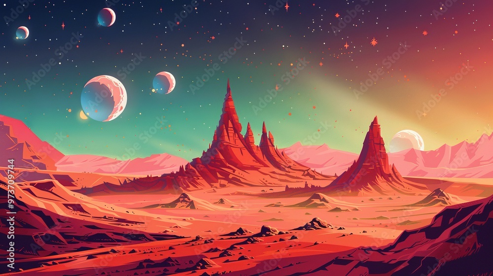 Alien Planet Illustration: Stylized Martian Terrain Under a Celestial ...