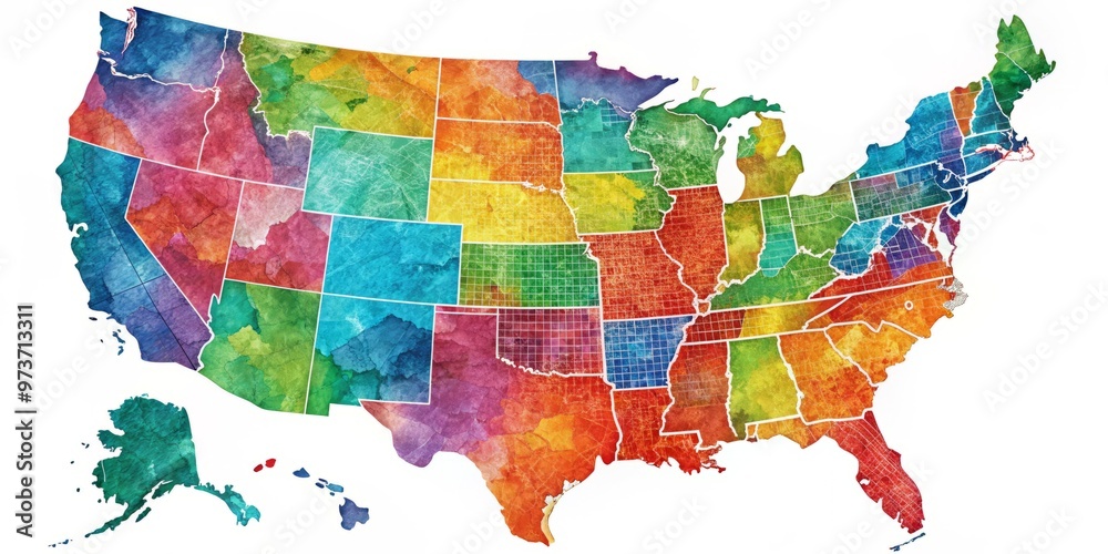 A colorful, detailed map of the United States highlights prominent ...