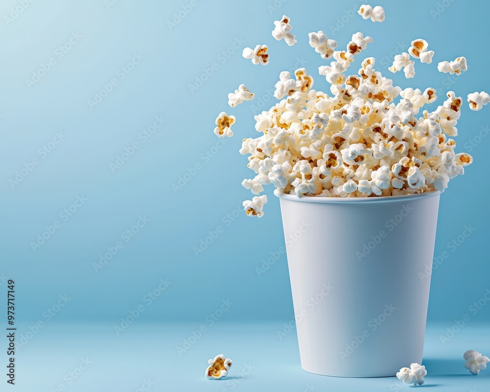 Freshly popped popcorn overflowing from a white cup against a soft blue ...