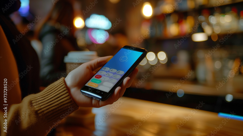 Hand holding smartphone with mobile banking app interface in a cozy ...