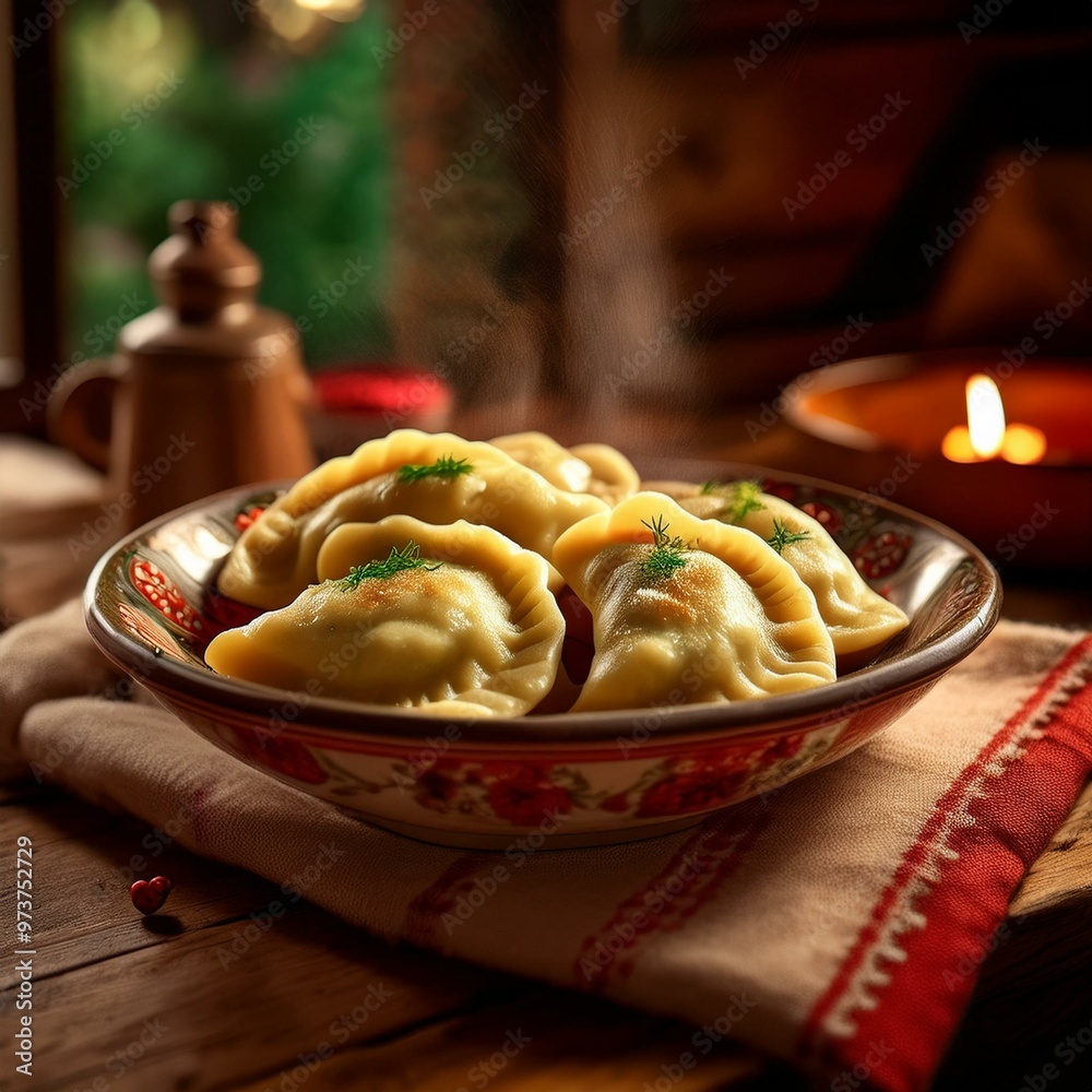 On a kitchen table, a colorful ceramic plate holds freshly made, golden ...
