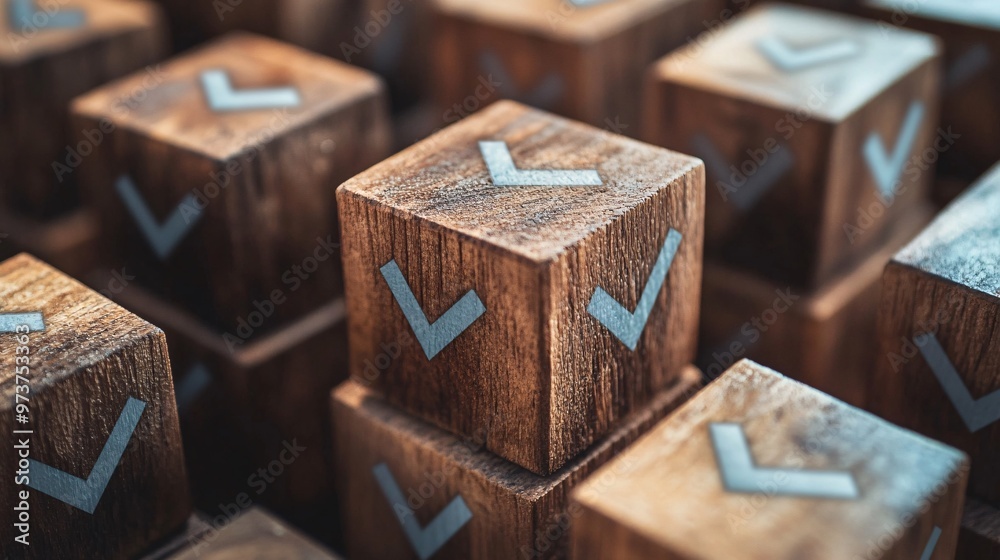 52. A detailed image of wooden blocks with check mark icons ...