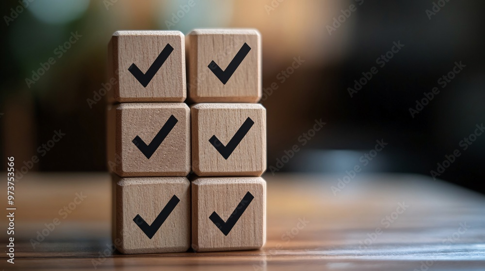 55. Check mark icons on the faces of wooden blocks, stacked to signify ...