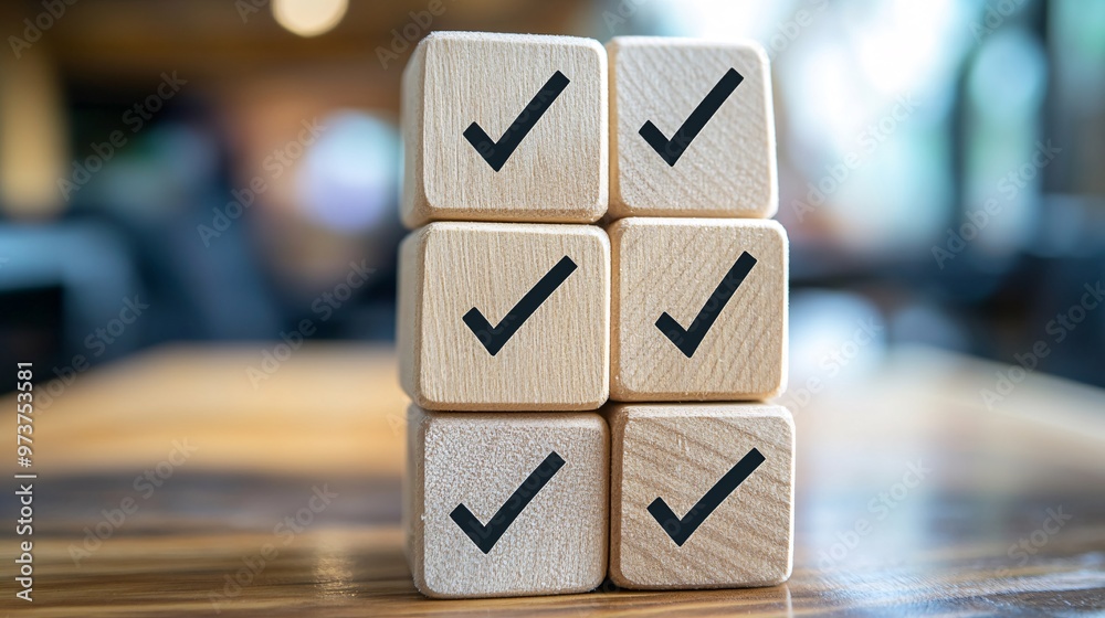55. Check mark icons on the faces of wooden blocks, stacked to signify ...