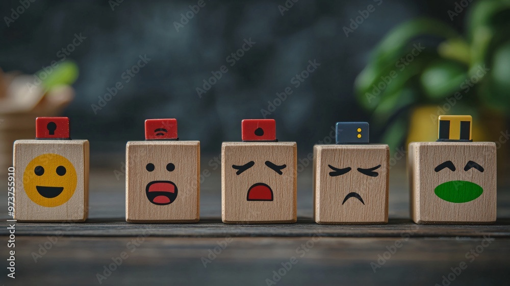 71. Wooden blocks with emotion face symbols next to a series of battery ...
