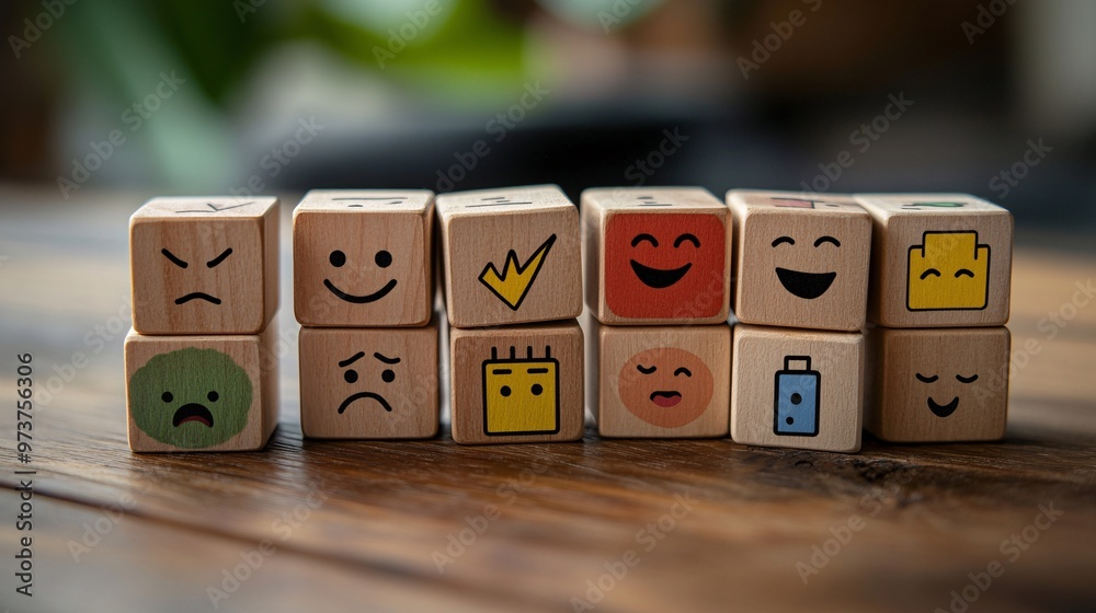 74. Wooden cubes featuring emotion faces alongside battery icons ...