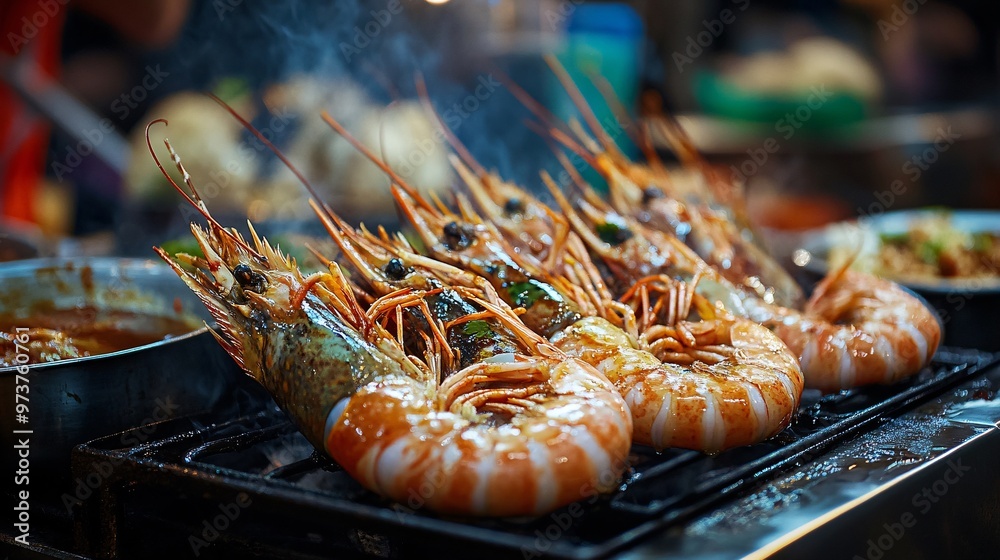107. Thai diners savoring grilled giant river prawns with a tangy sweet ...