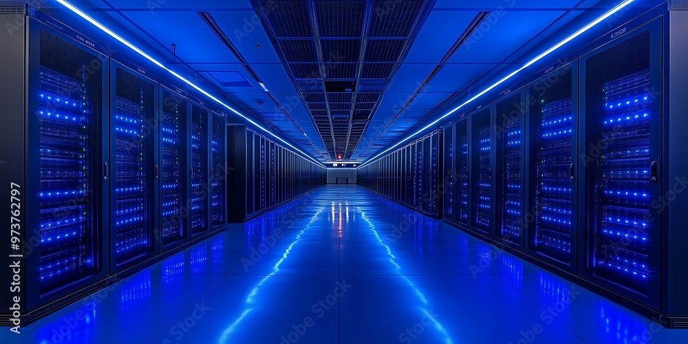 Data center full of mega computers and processor machines, hallway ...