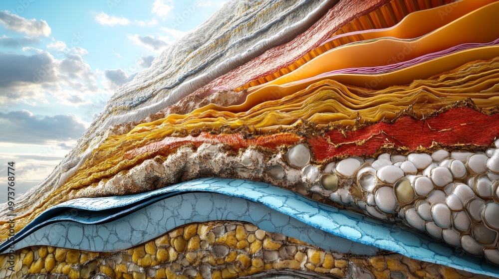 Cross-section of layered composite material, with intricate details and ...