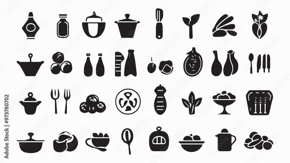 Food and cooking web icons. Set of black symbols for a culinary theme ...