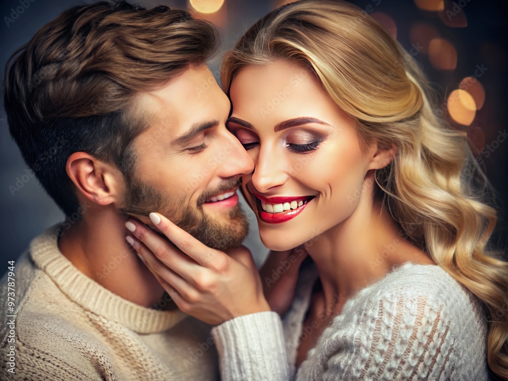 Affectionate couple shares tender moment, lips brushing against each ...