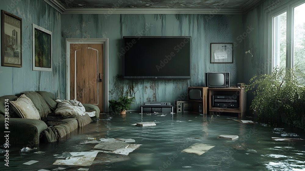 Waterlogged living room with toppled furniture, ruined electronics, and ...
