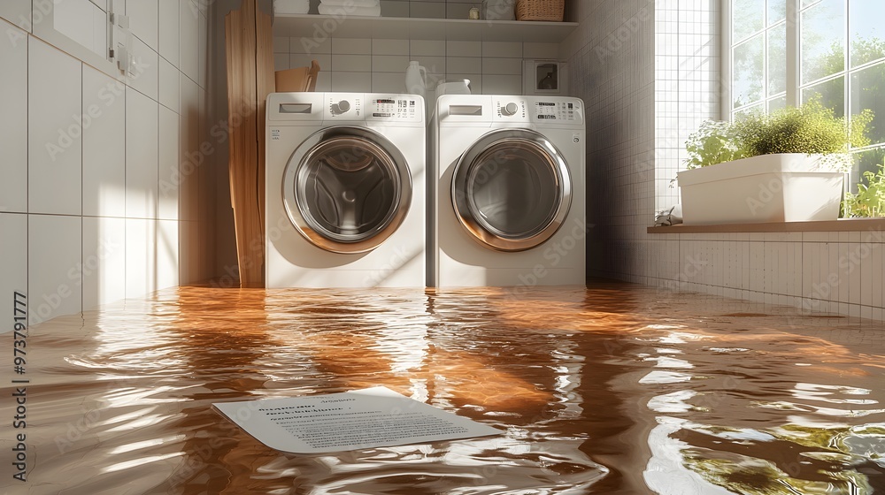 A disastrous laundry room flood, water flowing under the dryer ...