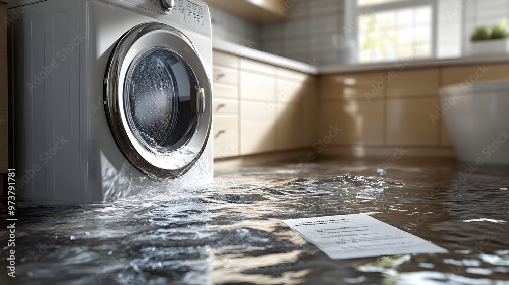 A disastrous laundry room flood, water flowing under the dryer ...