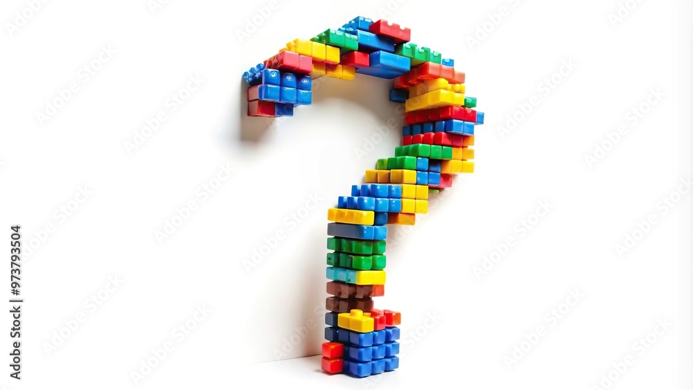 Colorful plastic toy bricks forming a question mark on white background ...