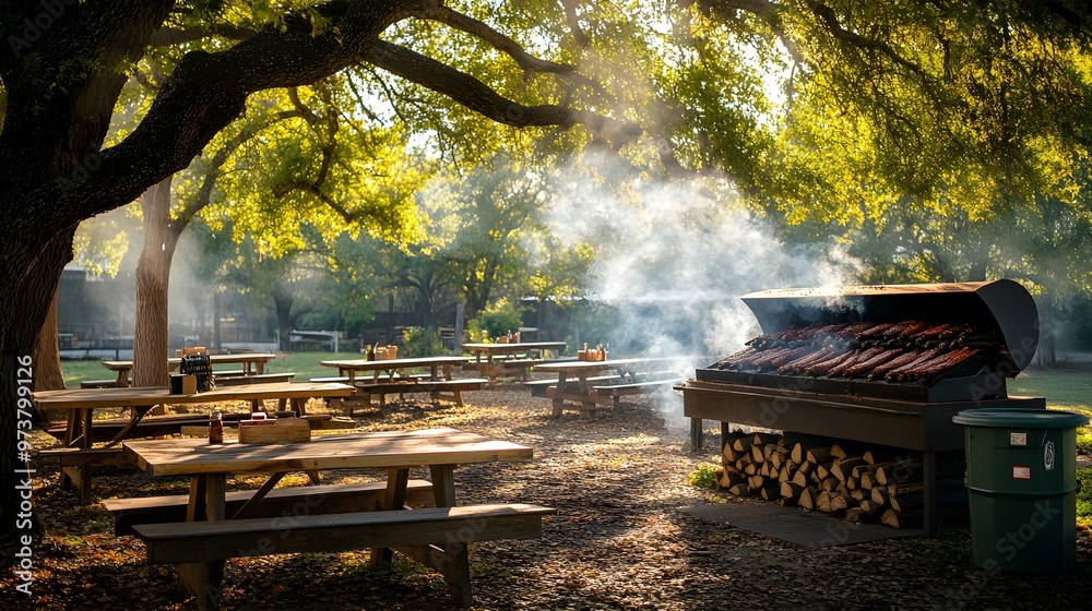 Southern-style barbecue scene, thick smoke billows from a large smoker ...