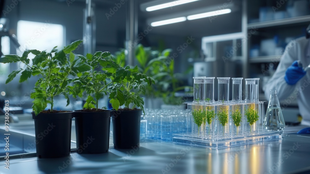 Biotech lab with scientists studying genetically modified plants for ...