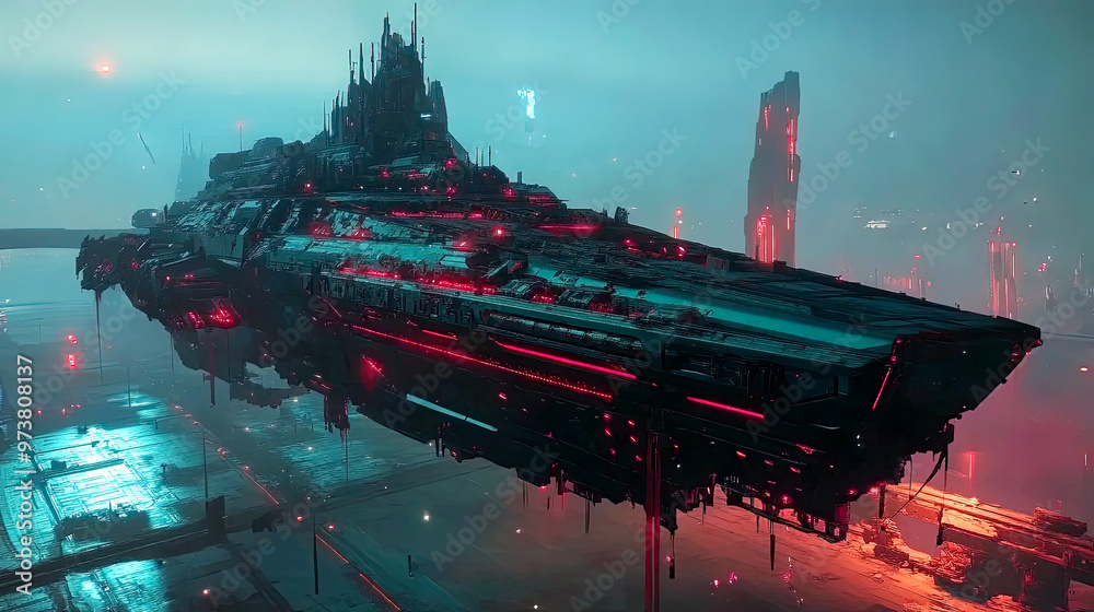 Massive futuristic sci-fi spaceship warship in a neon dystopian ...