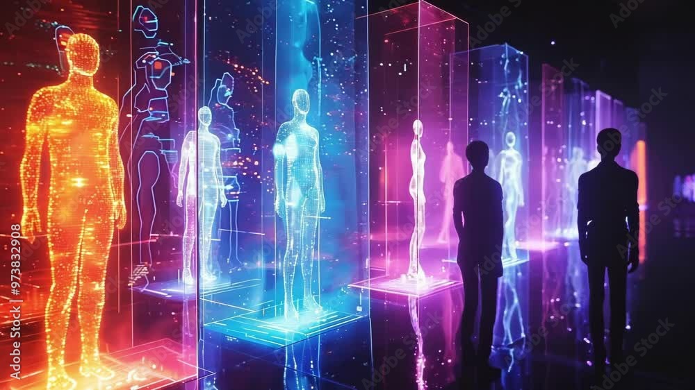Business people are observing holographic projections of human bodies ...
