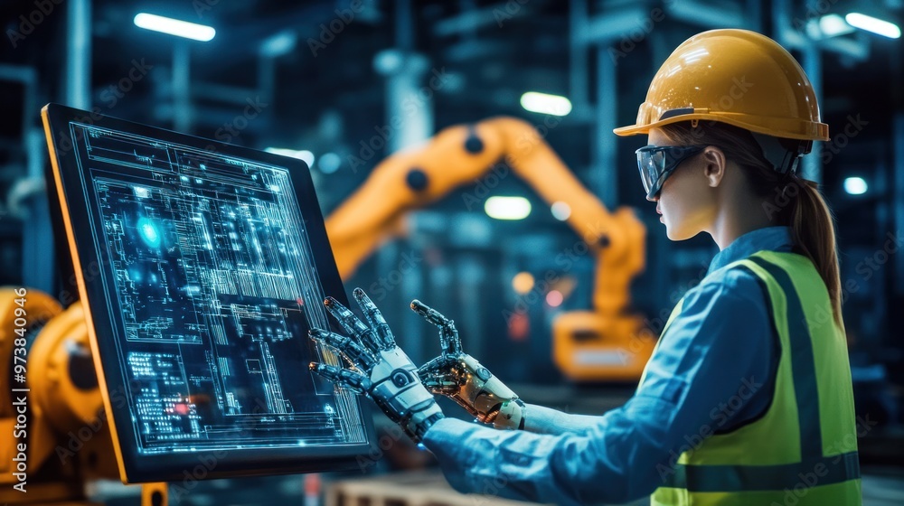 Digital construction workers using robotics and technology on a modern ...