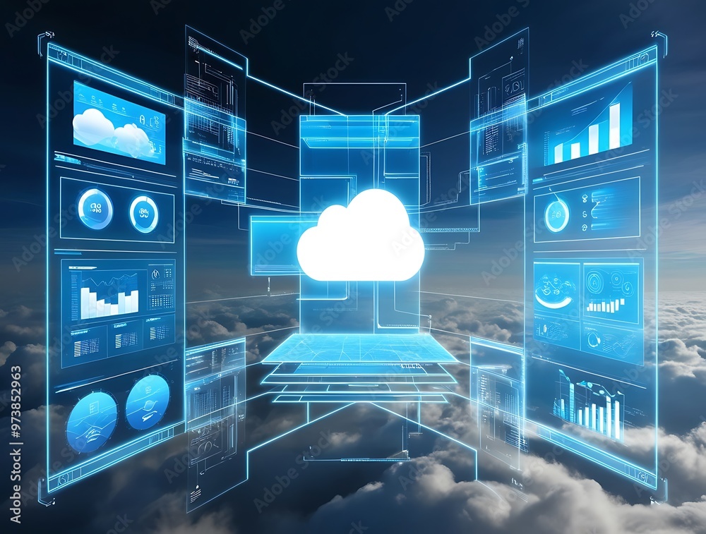 Digital cloud and data overlays on a sky background, symbolizing ai ...