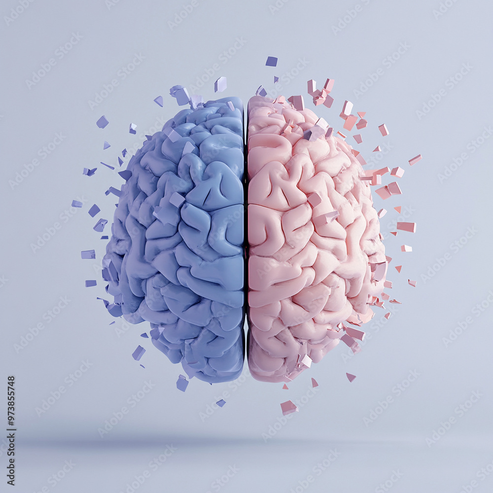 image features an abstract representation of brain, divided into two ...