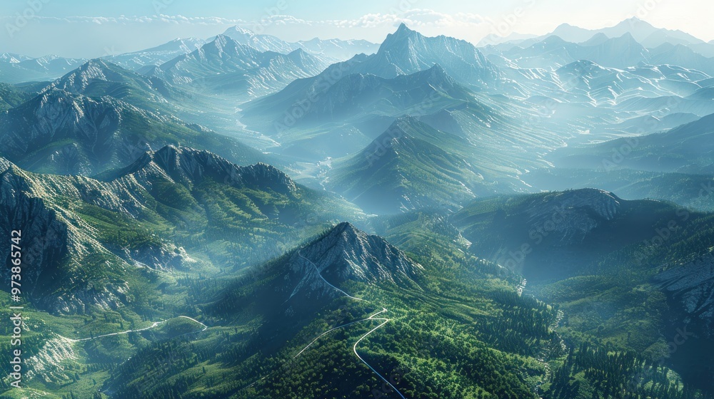 An aerial view of mountains with twisty roads in a remote highland area ...
