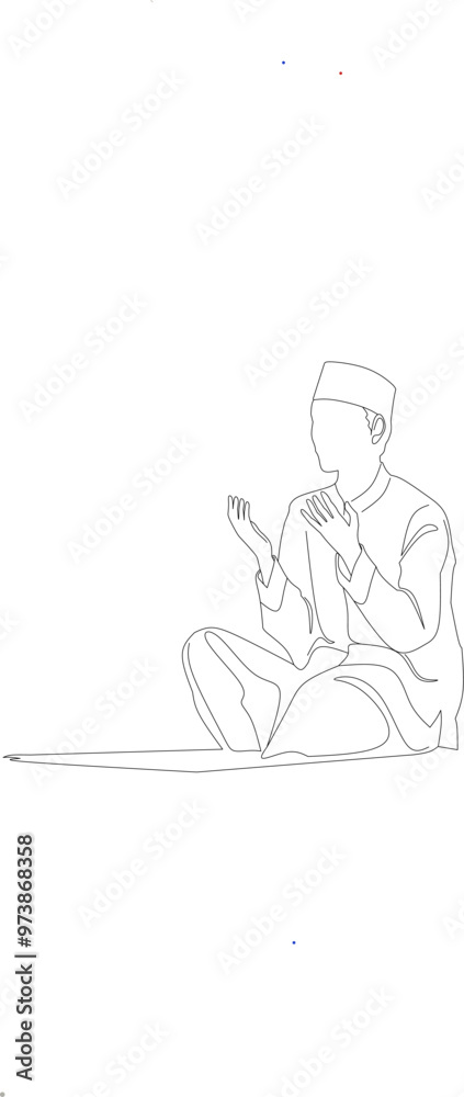 Lineart drawing of muslim person raise and open hand praying on sajadah ...