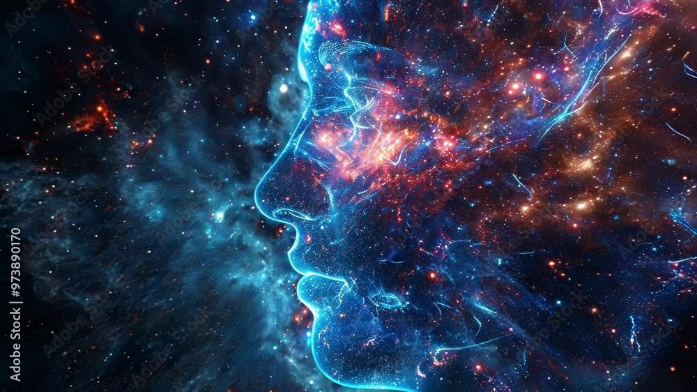 Hologram of a human face side view composed by glowing points and lines ...