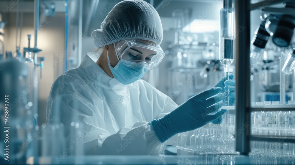 A biopharmaceutical scientist in a cleanroom setting, meticulously ...