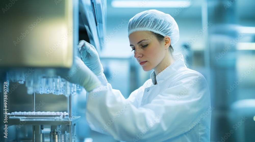 A biopharmaceutical scientist in a cleanroom setting, meticulously ...