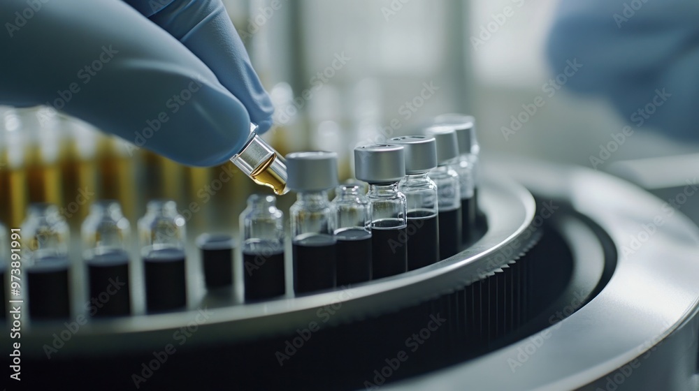 A close-up of medical vial inspection conducted by a pharmaceutical ...
