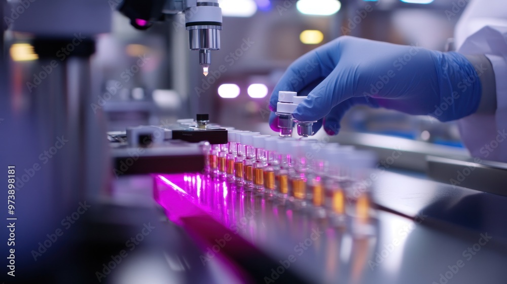 An automated medical vial inspection system in a sterile lab, with a ...