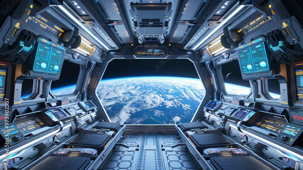 Futuristic Spacecraft Interior with View of Earth. Spaceship interior ...
