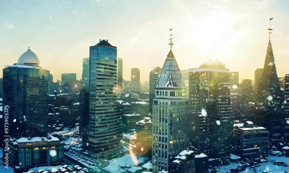 downtown high rise buildings, winter urban, snow falling in city 4k ...