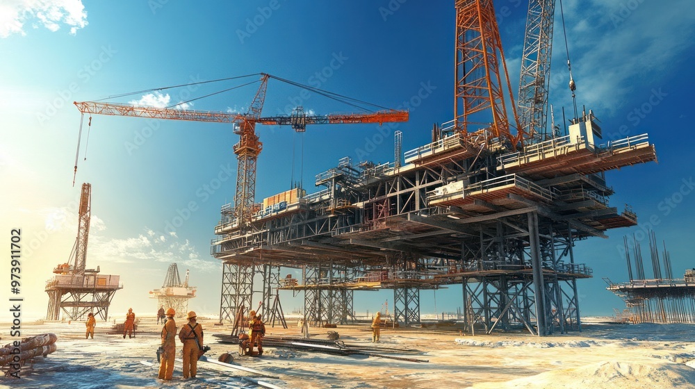 Oil rig construction underway, cranes lifting heavy equipment, multiple ...