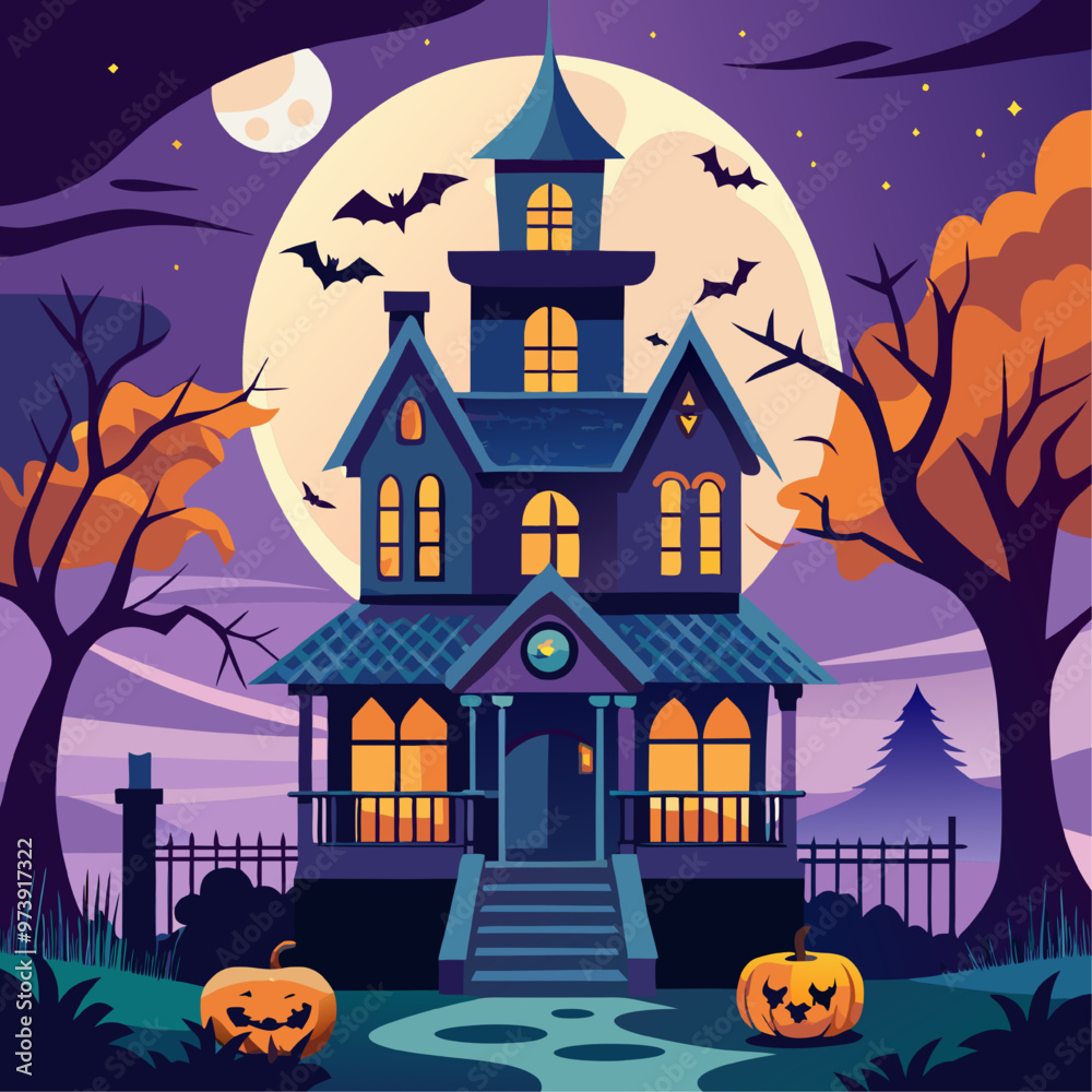 Haunted Mansion under a Full Moon: A charmingly spooky Halloween scene with a looming gothic ...