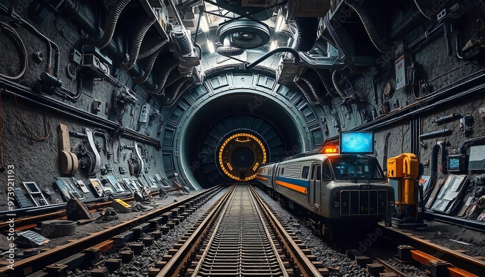Train Entering Tunnel Railway Tracks Underground Transportation Stock ...