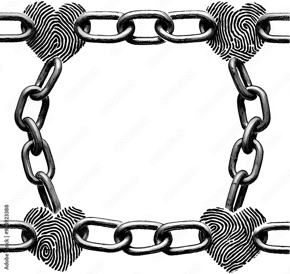 Fingerprint heart chain border frame. imprint steel links interlocked ...