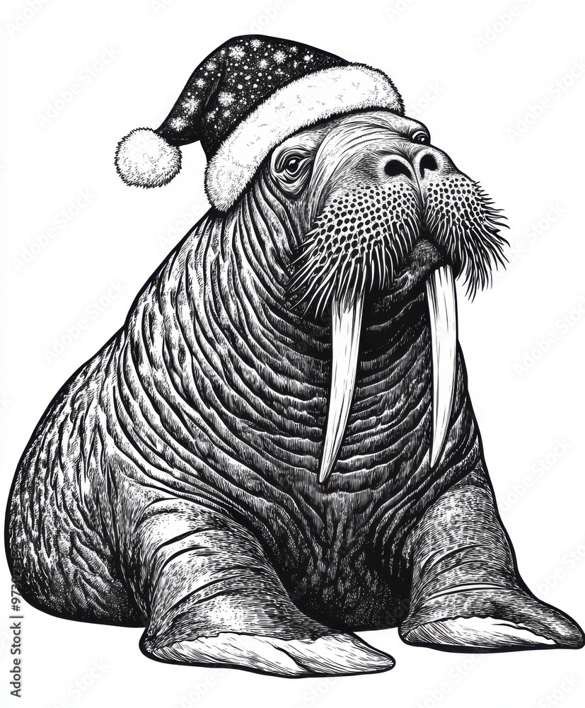 Black and white Vintage engraved art of a walrus wearing a Christmas ...