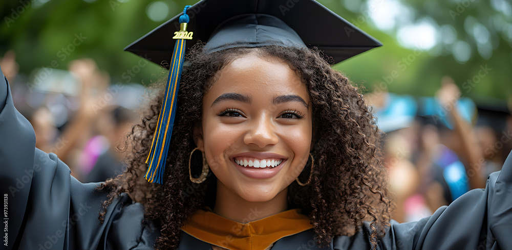 “An Excited African American Woman in Her Graduation Gown, Celebrating ...