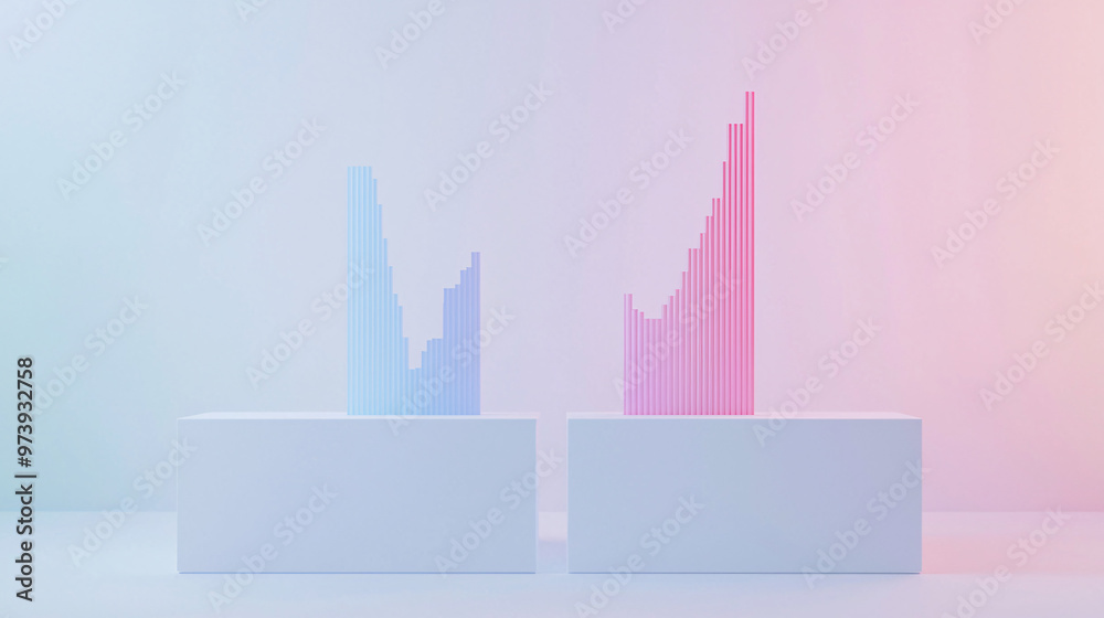 A 3D rendering of two opposite business charts, one showing growth and ...